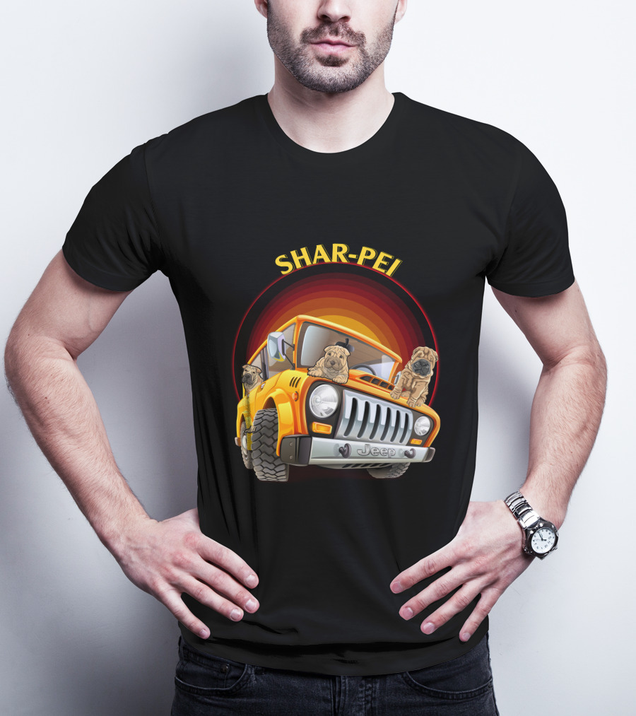 Shar-Pei Jeep Orange With Three Puppies T-Shirt