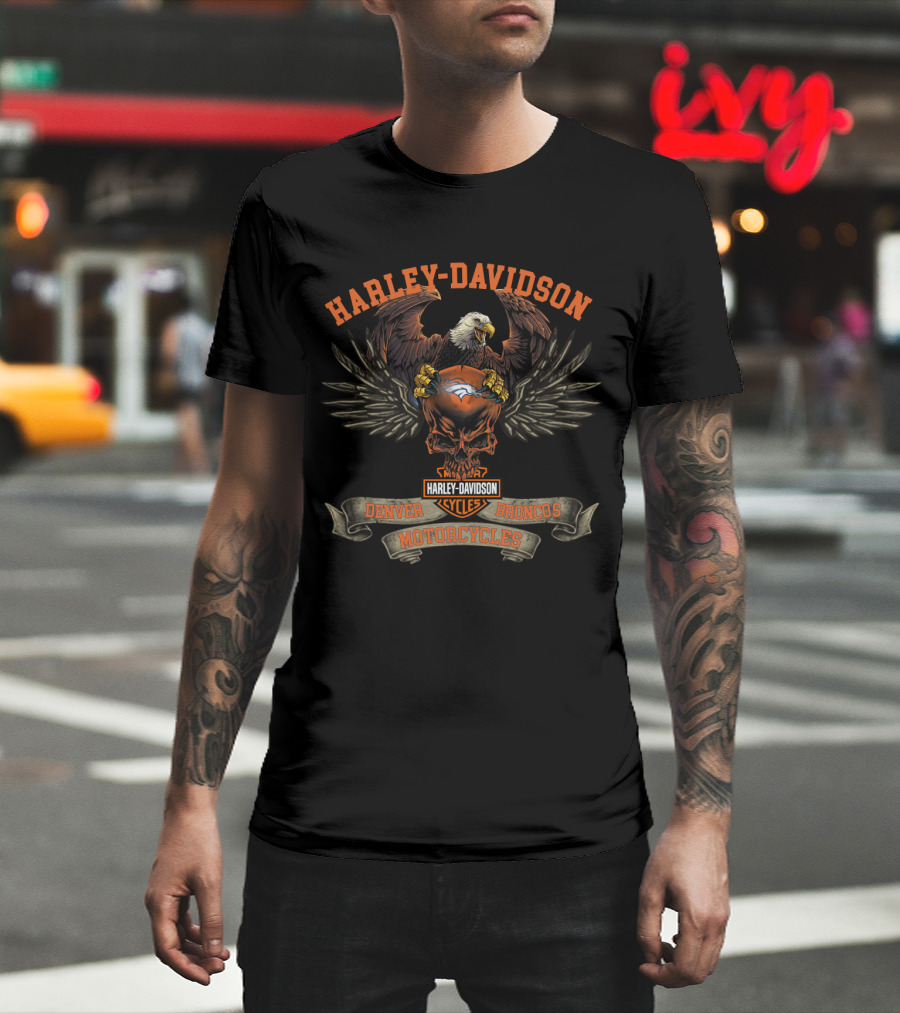 Harley Davidson Denver Broncos Motorcycles Eagle Skull T-Shirt