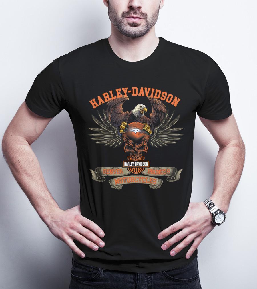Harley Davidson Denver Broncos Motorcycles Eagle Skull T-Shirt