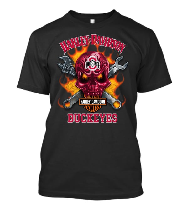 Harley Davidson Ohio State Buckeyes Skull Flames And Tools T-Shirt