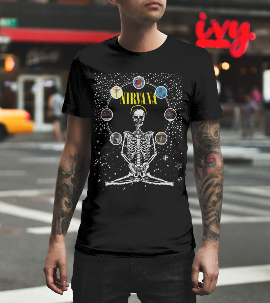 Nirvana Skeleton Meditation Album Circle Cosmic Art T-Shirt