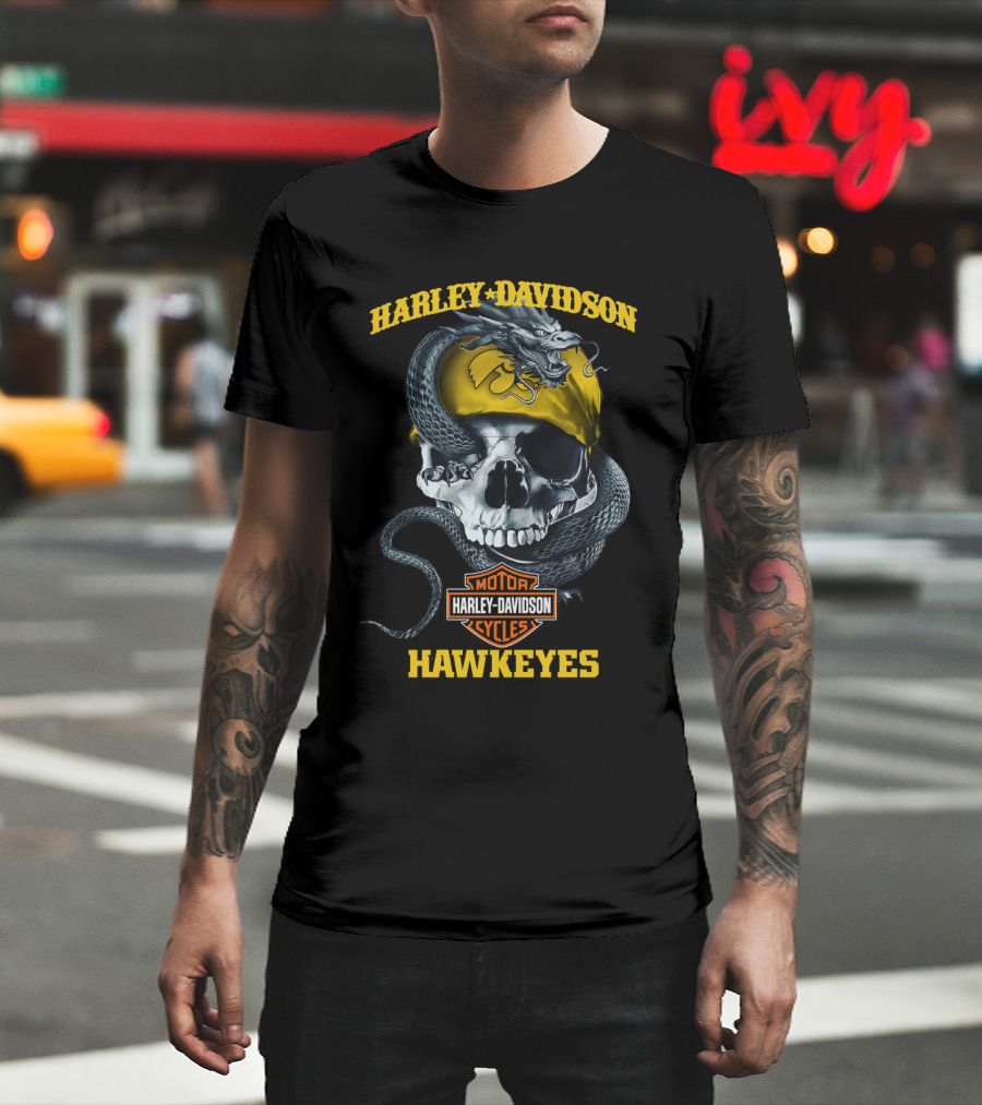 Harley Davidson Motor Cycles Hawkeyes Skull Snake T-Shirt