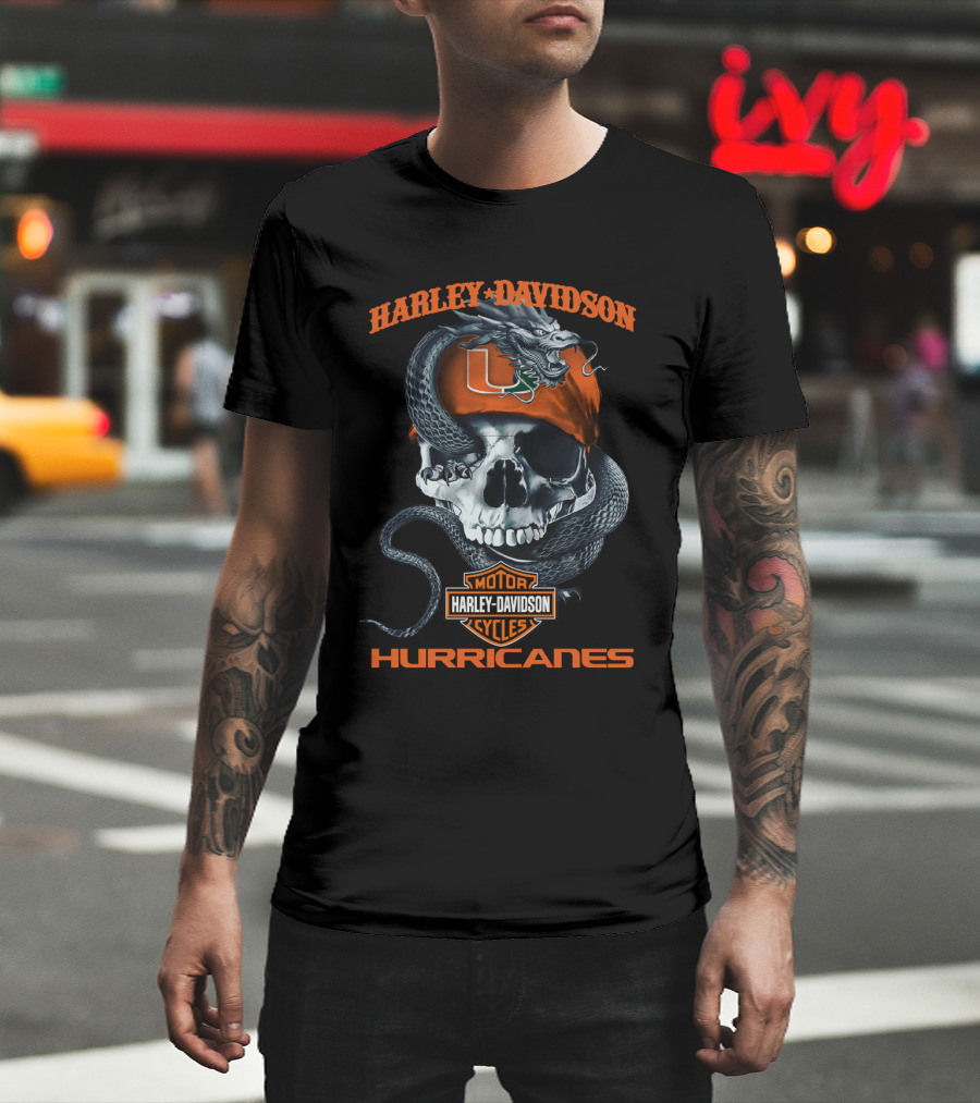 Harley Davidson Miami Hurricanes Skull With Snake And U T-Shirt