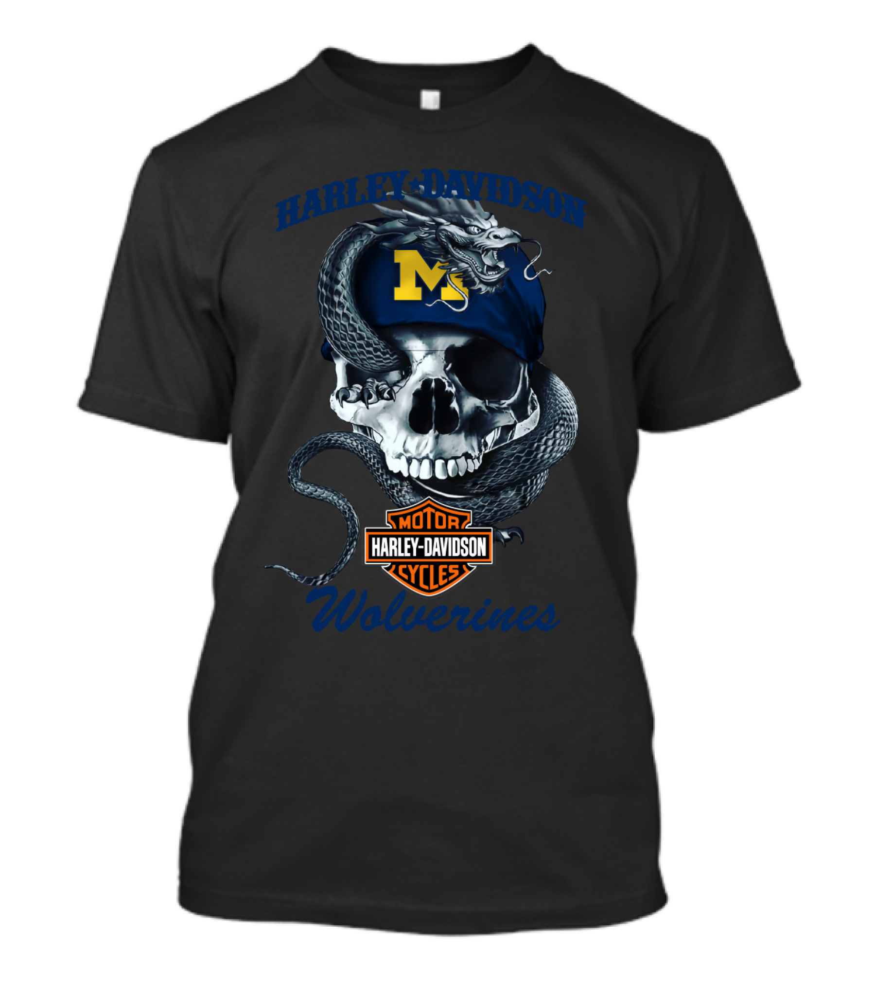 Harley Davidson Michigan Wolverines Skull Dragon Motor Cycles T-Shirt