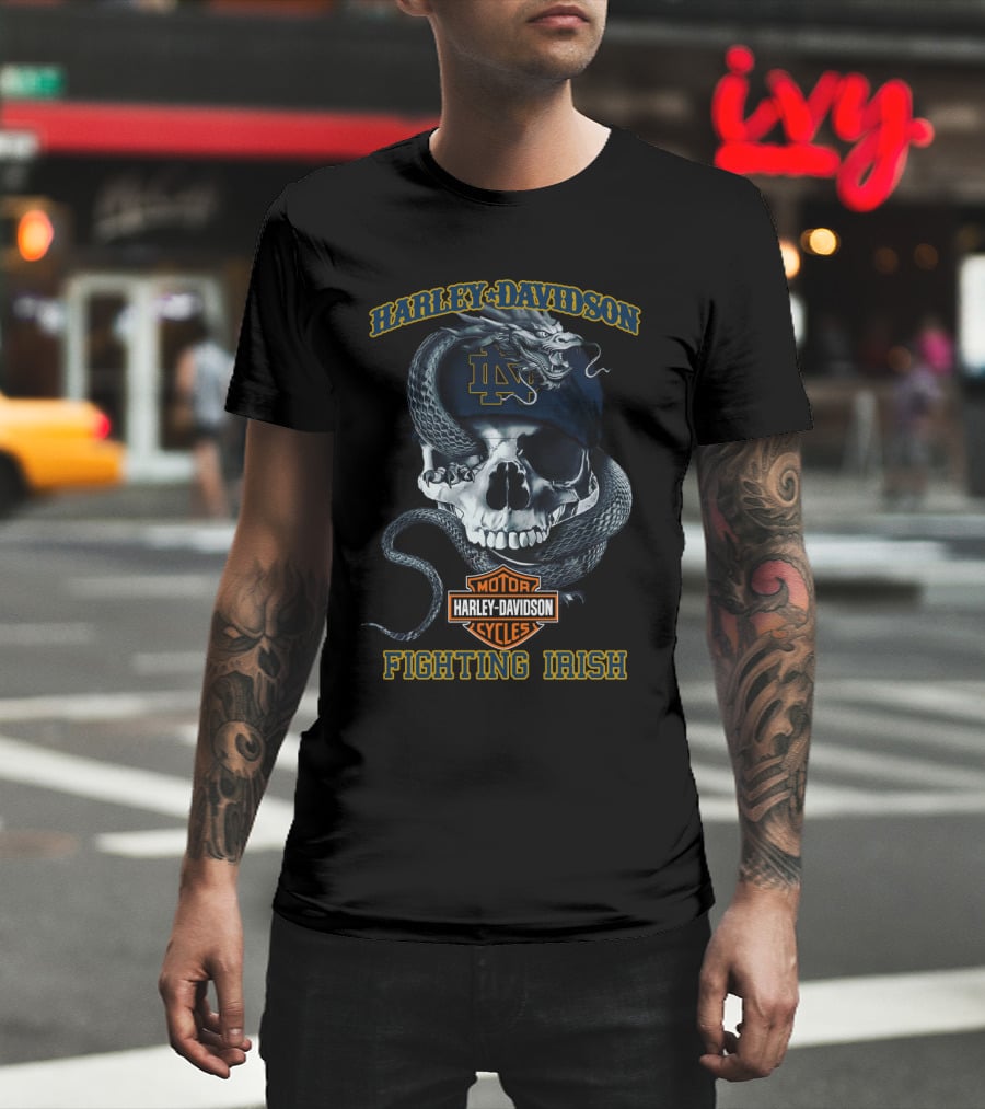 Harley Davidson Notre Dame Fighting Irish Skull And Snake T-Shirt