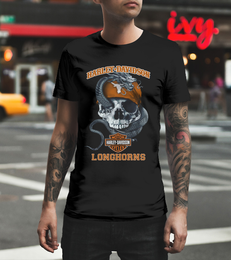 Harley Davidson Motor Cycles Skull With Snake And Texas Longhorns T-Shirt