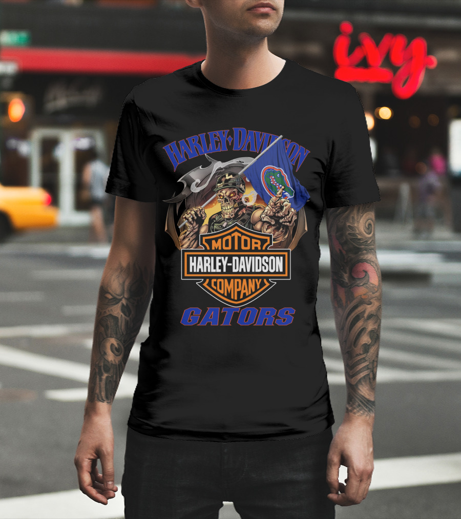 Harley Davidson Gators Skeleton With Florida Gators Flag T-Shirt