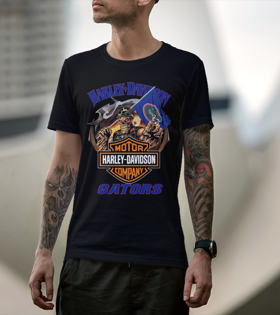 Harley Davidson Gators Skeleton With Florida Gators Flag T-Shirt
