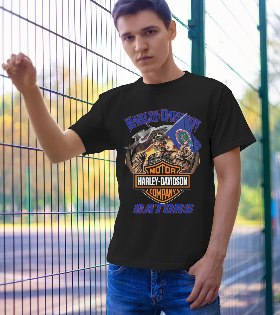 Harley Davidson Gators Skeleton With Florida Gators Flag T-Shirt