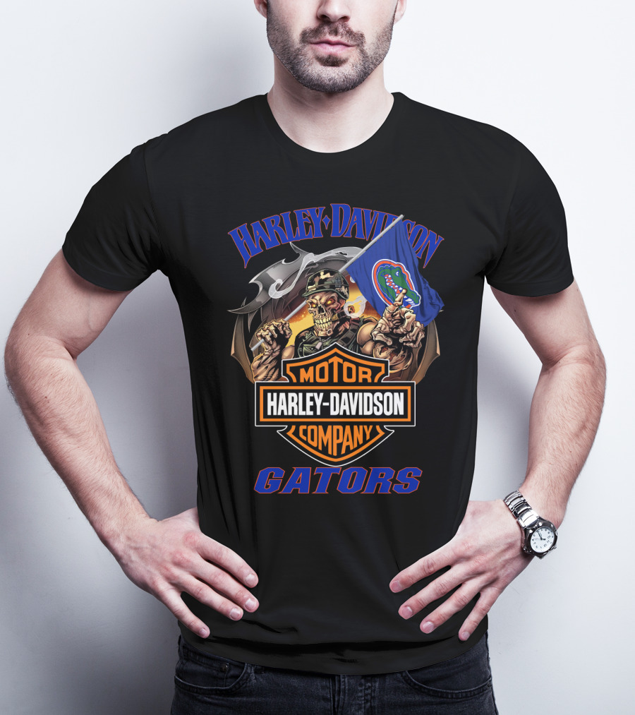 Harley Davidson Gators Skeleton With Florida Gators Flag T-Shirt