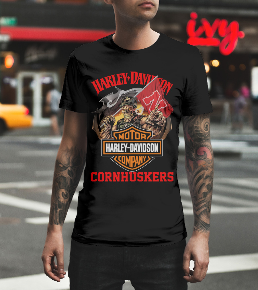 Harley Davidson Company Cornhuskers Skeleton With Nebraska Flag T-Shirt