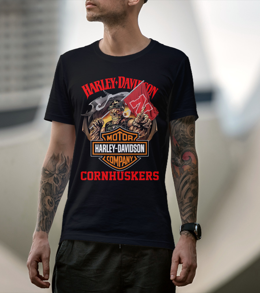 Harley Davidson Company Cornhuskers Skeleton With Nebraska Flag T-Shirt
