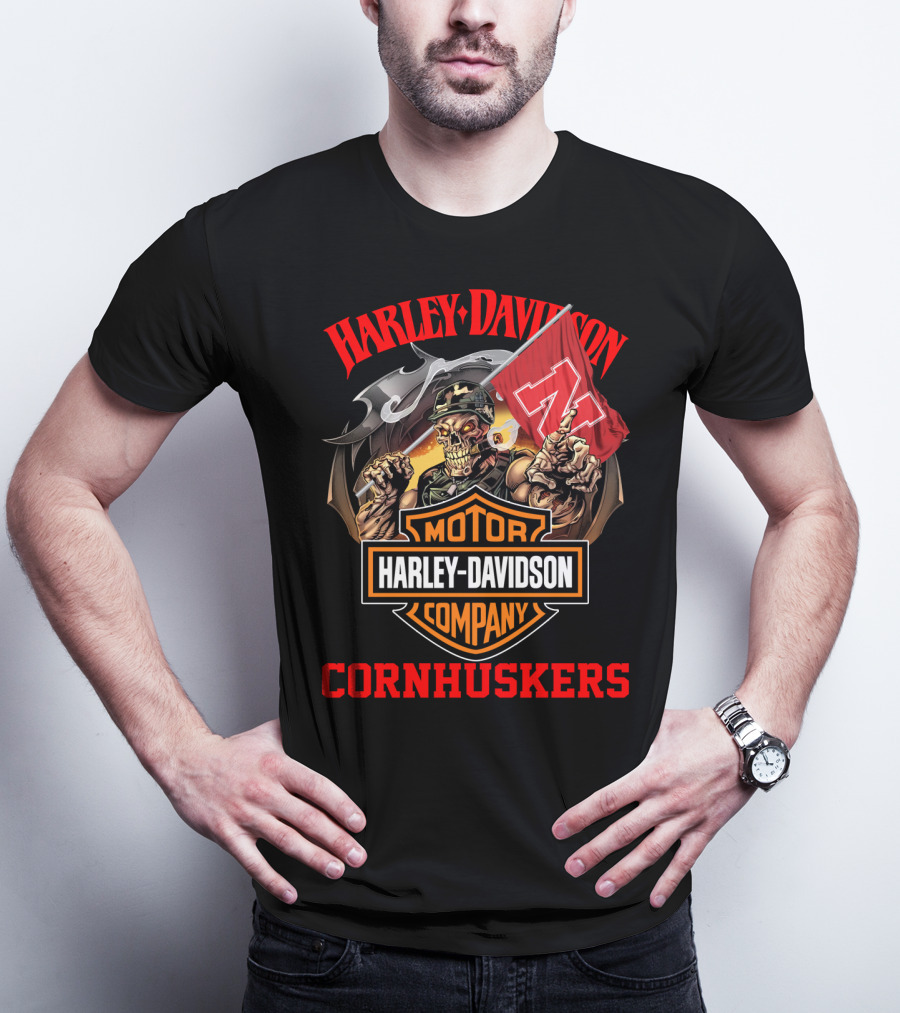 Harley Davidson Company Cornhuskers Skeleton With Nebraska Flag T-Shirt