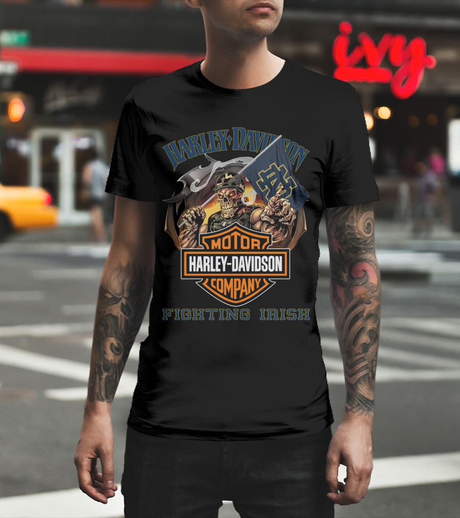 Harley Davidson Motor Company Fighting Irish Skeleton Notre Dame Flag T-Shirt