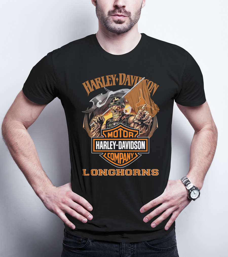Harley Davidson Motor Company Longhorns Texas Skeleton Flag T-Shirt