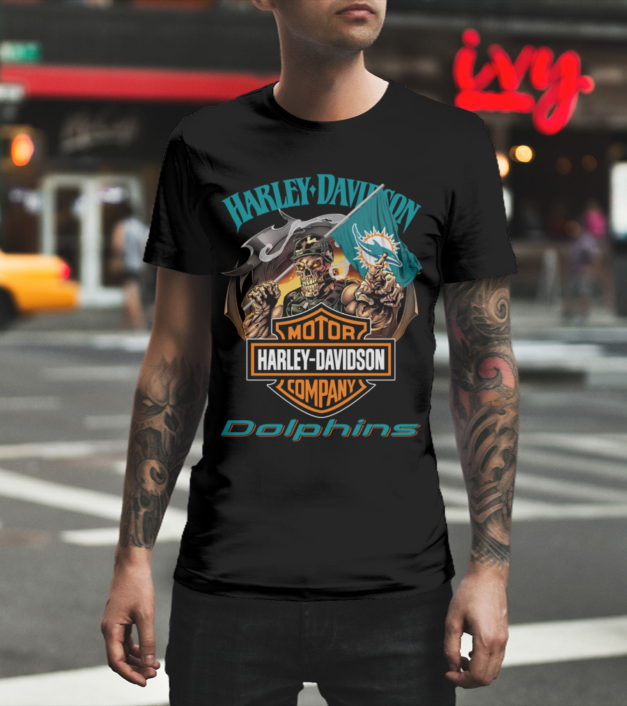 Harley Davidson Miami Dolphins Skeleton Holding Flag T-Shirt