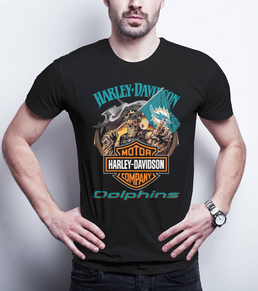 Harley Davidson Miami Dolphins Skeleton Holding Flag T-Shirt
