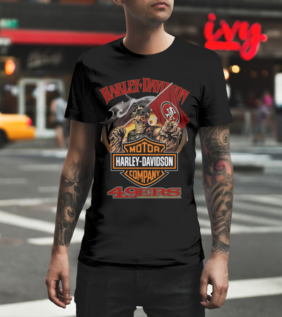 Harley Davidson Motor Company 49ers San Francisco Skeleton Flag T-Shirt