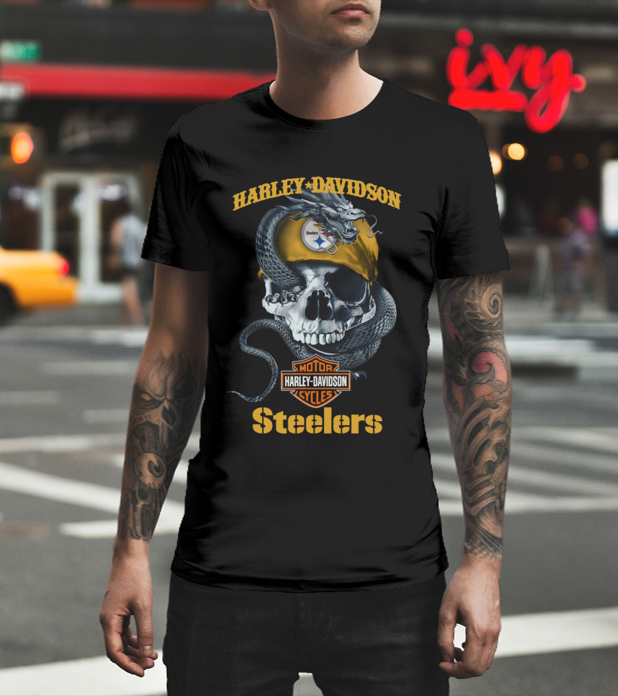 Harley Davidson Steelers Skull With Snake And Helmet T-Shirt
