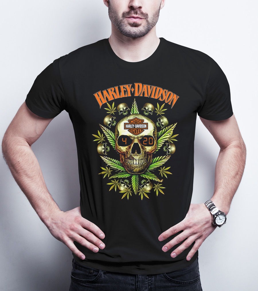 Harley Davidson Skull 420 Motor Cycles Leaf Skulls T-Shirt