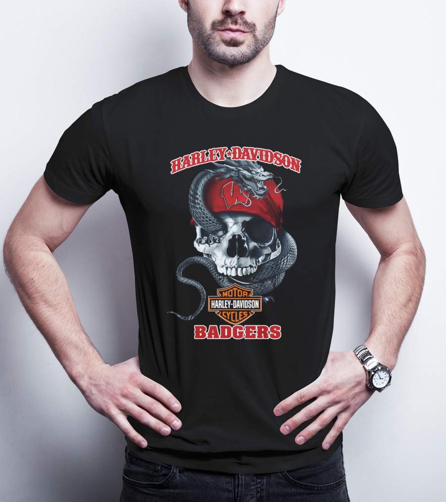 Harley Davidson Wisconsin Badgers Skull Snake Motor Cycles T-Shirt
