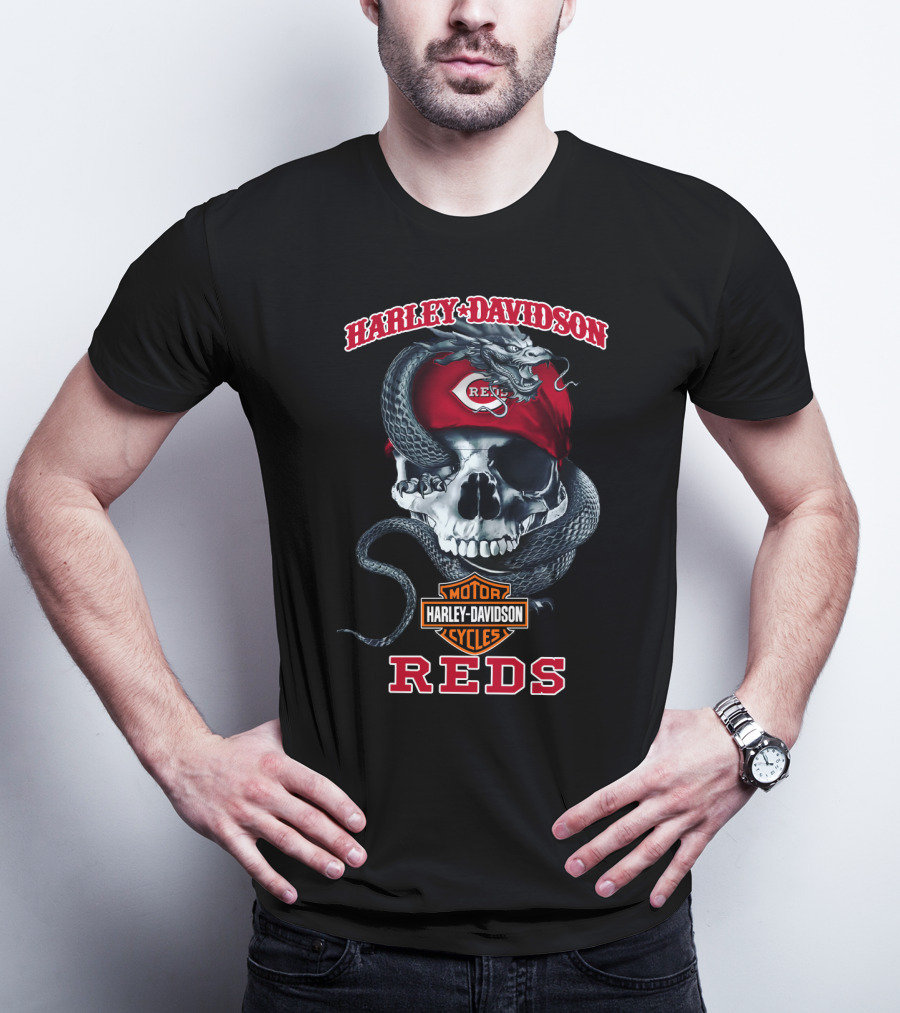 Harley Davidson Motorcycle Cycles Cincinnati Reds Skull And Snake T-Shirt