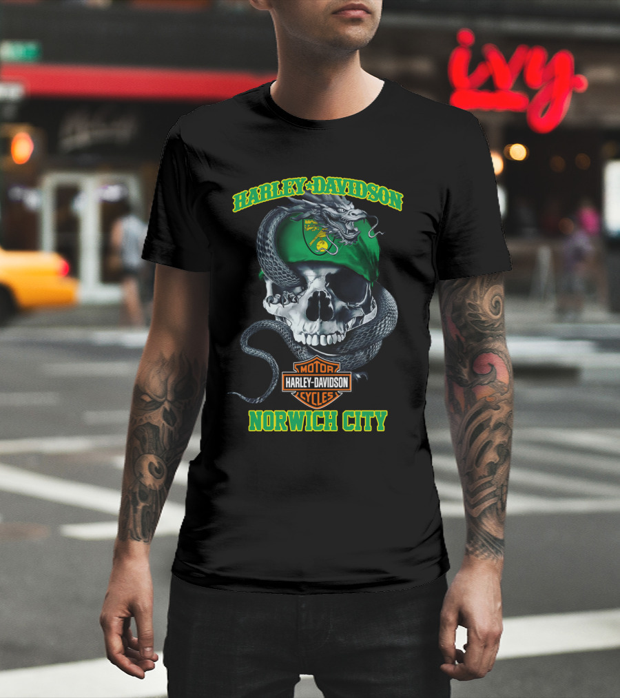 Harley Davidson Motor Cycles Skull Snake Norwich City T-Shirt