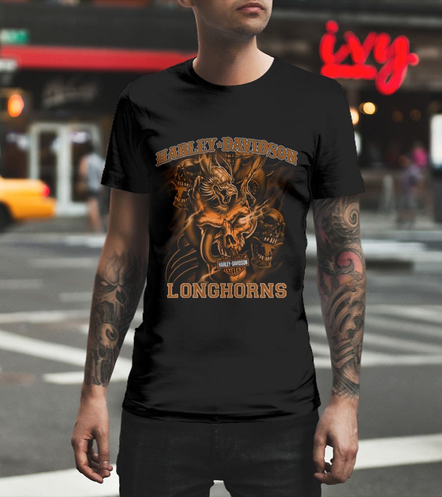 Harley Davidson Longhorns Texas Skulls And Flames T-Shirt