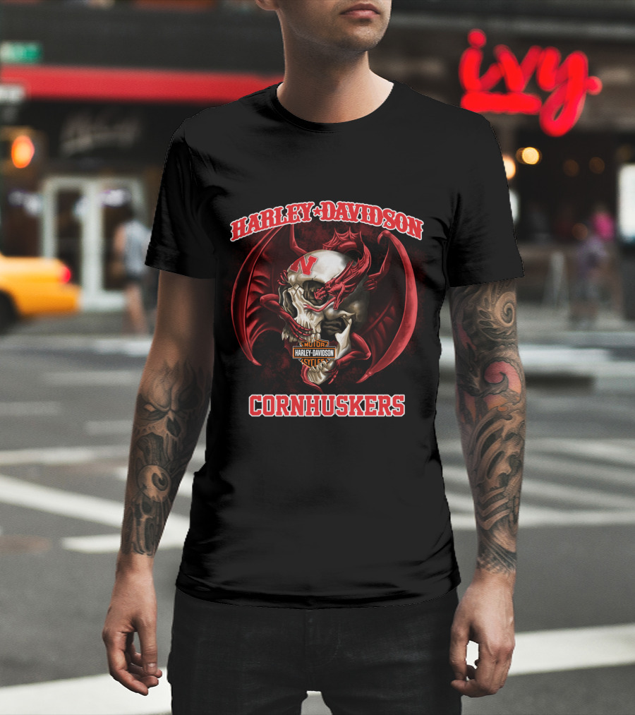 Harley Davidson Cornhuskers Skull With Red Dragon Wings T-Shirt