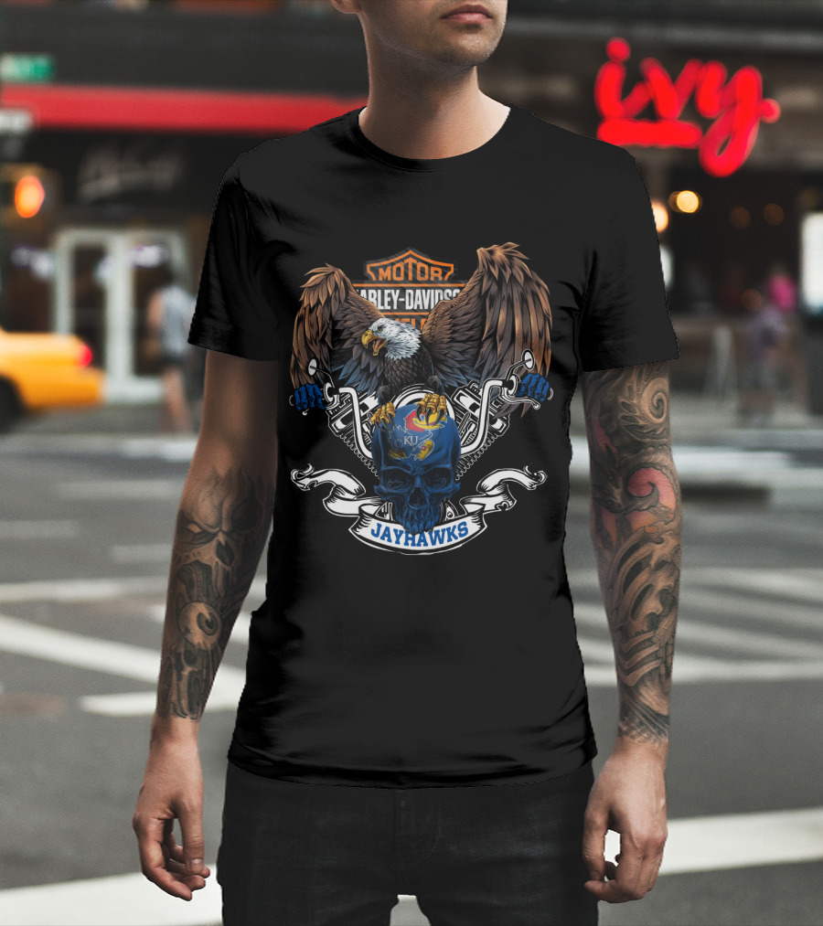 Motor Harley Davidson Cycles Eagle Kansas Jayhawks Ku Skull T-Shirt