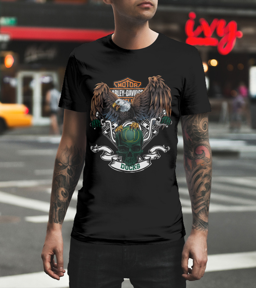 Oregon Ducks Harley Davidson Eagle And Skull T-Shirt
