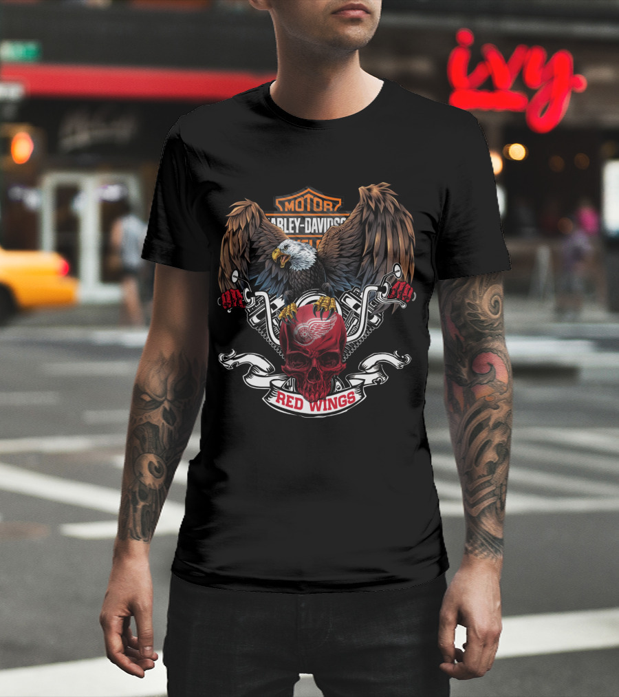 Detroit Red Wings Harley Davidson Motor Eagle Skull T-Shirt