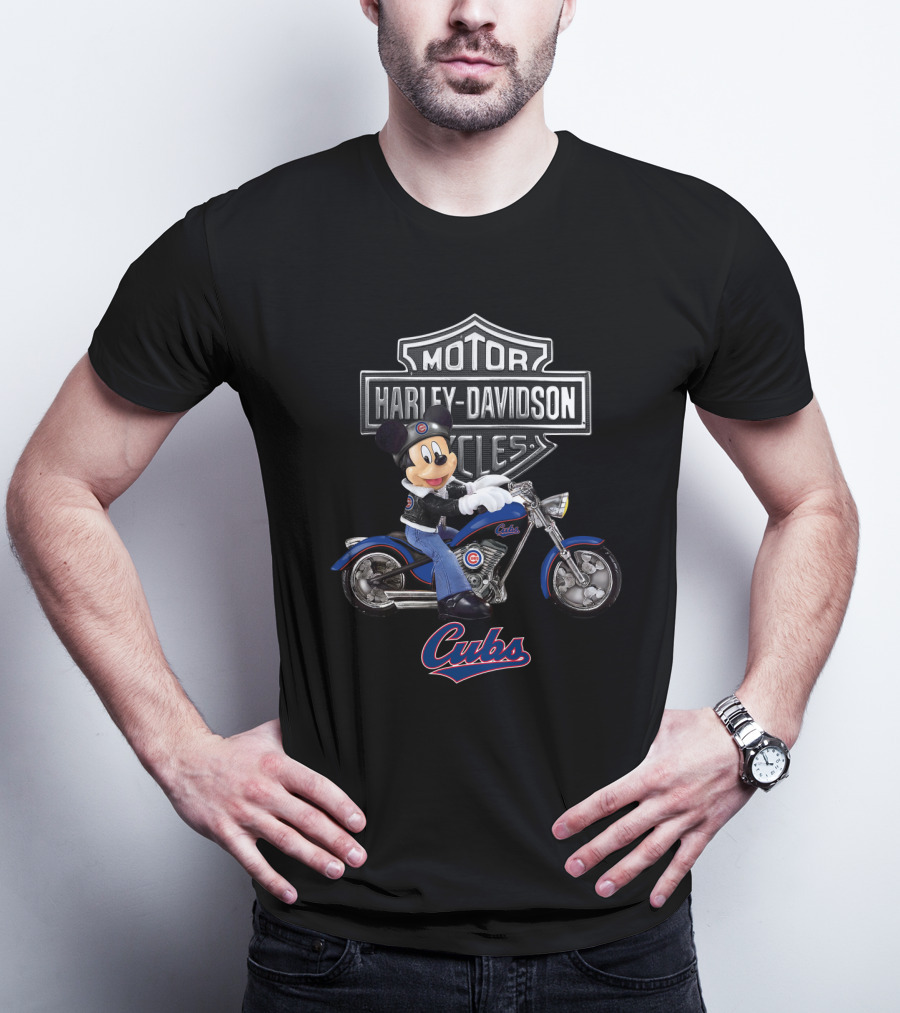 Mickey Mouse Rides Harley Davidson Motorcycle With Chicago Cubs T-Shirt