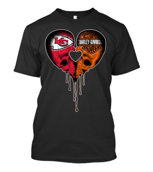 Kansas City Chiefs Harley Davidson Heart Skulls Fan T-Shirt
