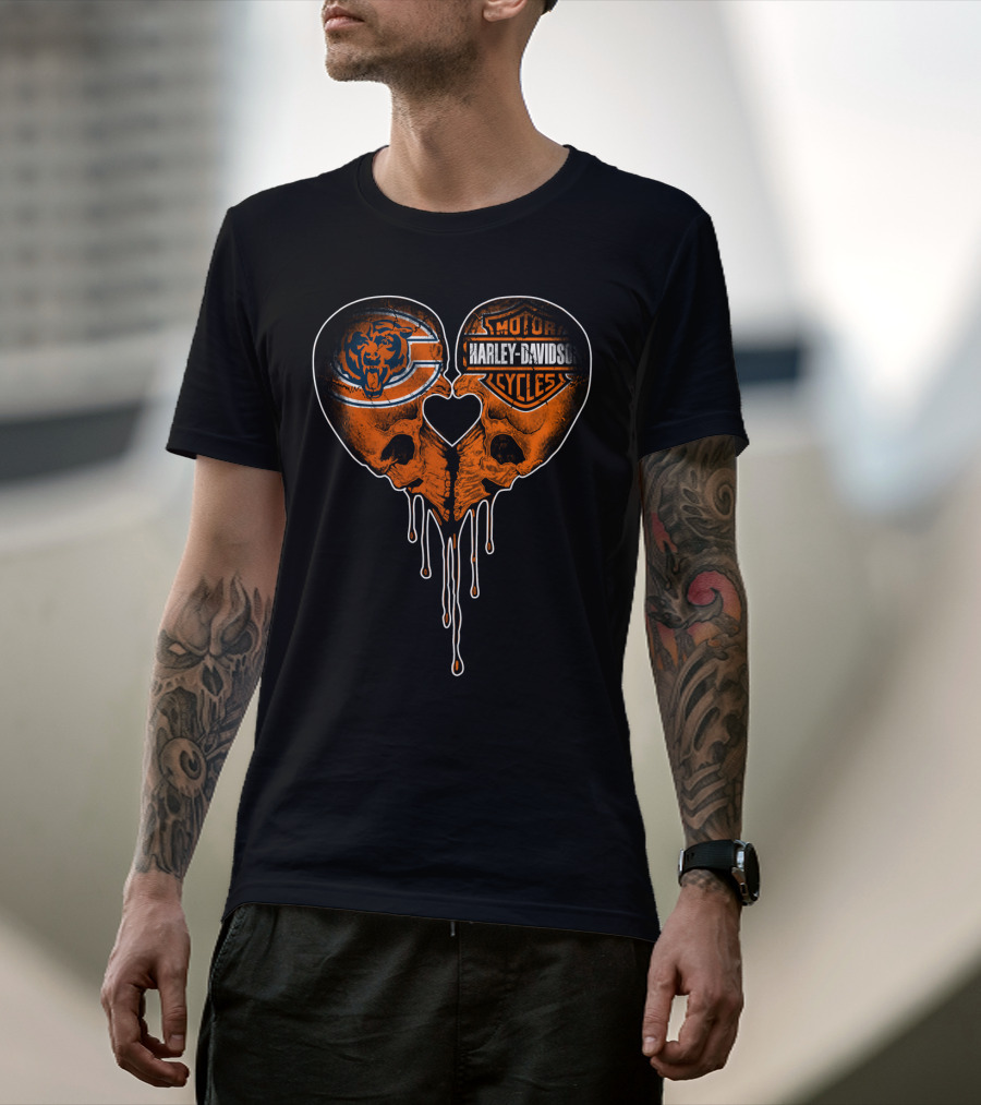 Chicago Bears Harley Davidson Skull Heart Dripping Ink T-Shirt