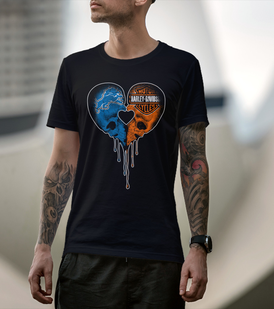 Detroit Lions And Harley Davidson Skulls Heart Fusion T-Shirt