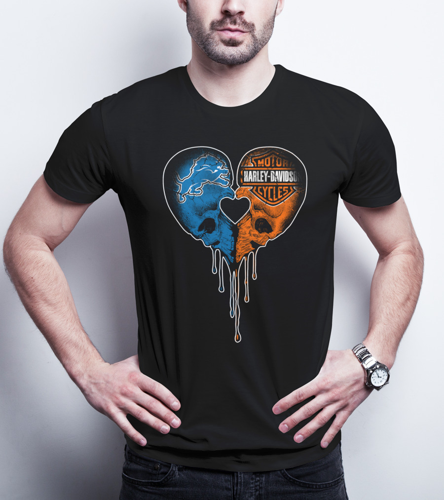 Detroit Lions And Harley Davidson Skulls Heart Fusion T-Shirt