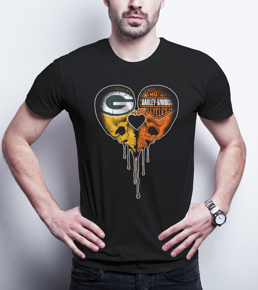 Green Bay Packers Harley Davidson Heart Skulls T-Shirt