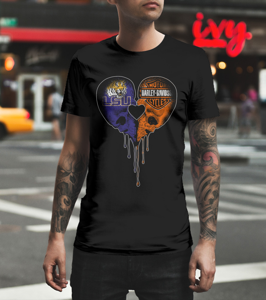 Lsu Tigers And Harley Davidson Heart Skull Fusion T-Shirt