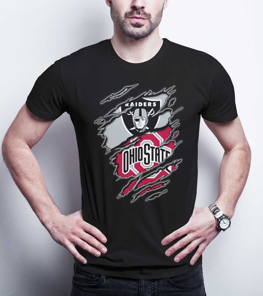 Raiders And Ohio State Fan Emblem Tear T-Shirt