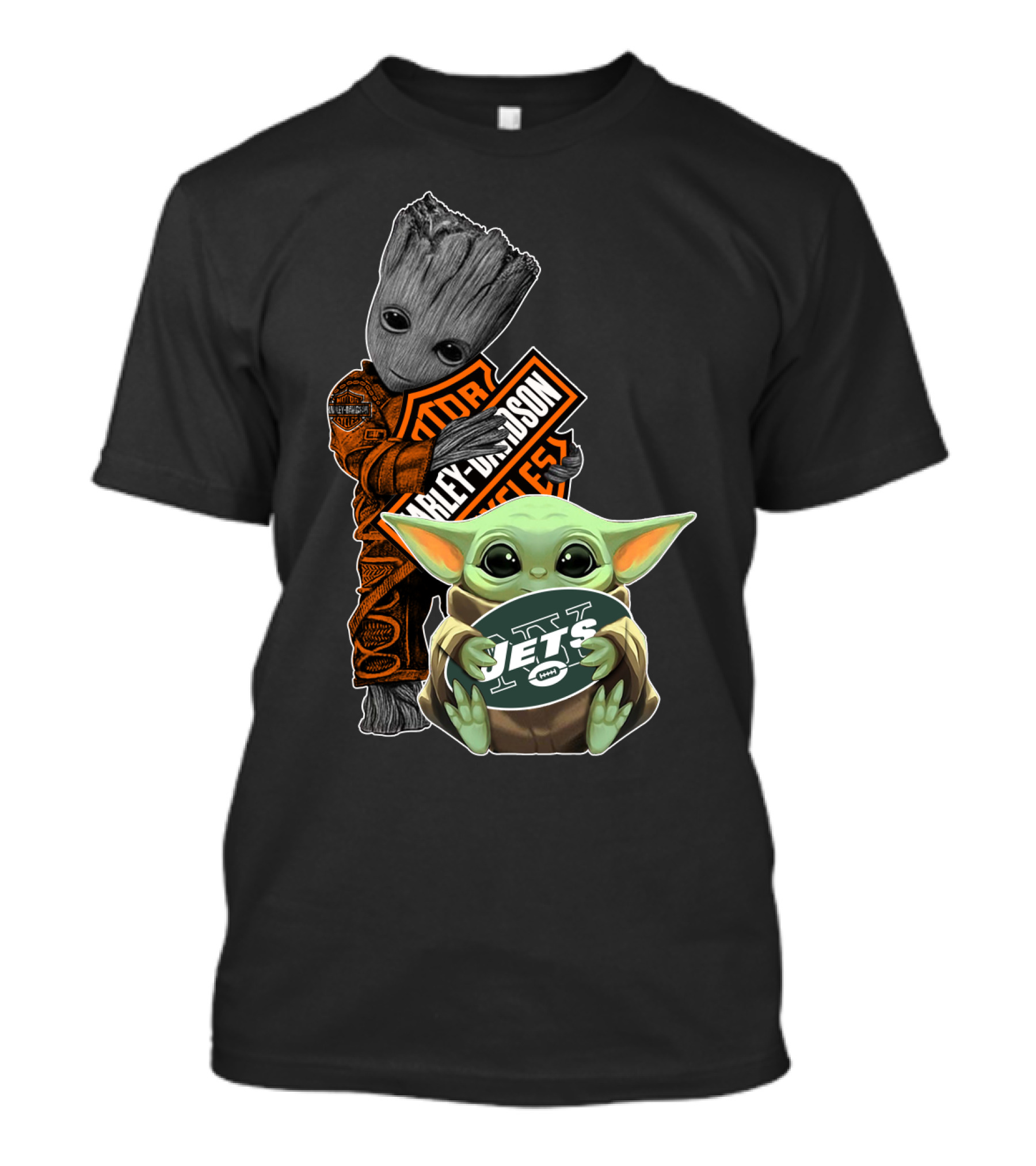 Groot Harley Davidson And Baby Yoda Jets Fan Collaboration T-Shirt