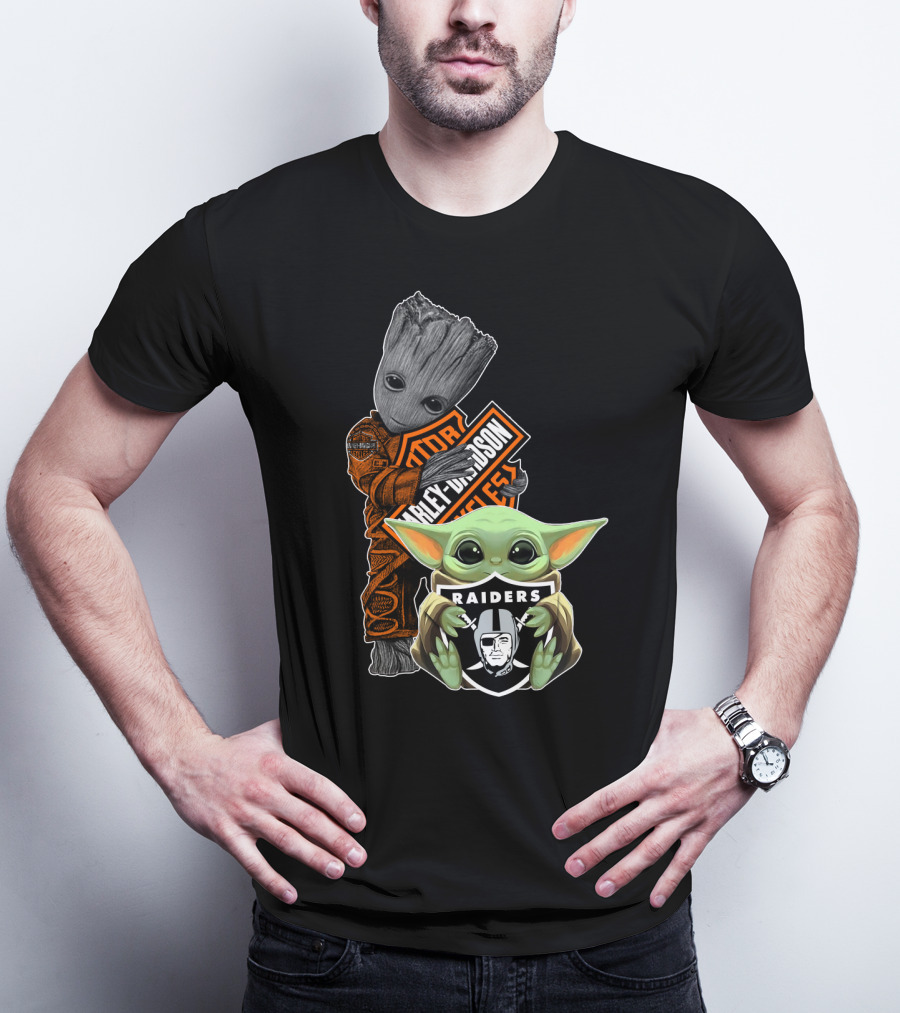 Groot Baby Yoda Harley Davidson Oakland Raiders Collaboration T-Shirt