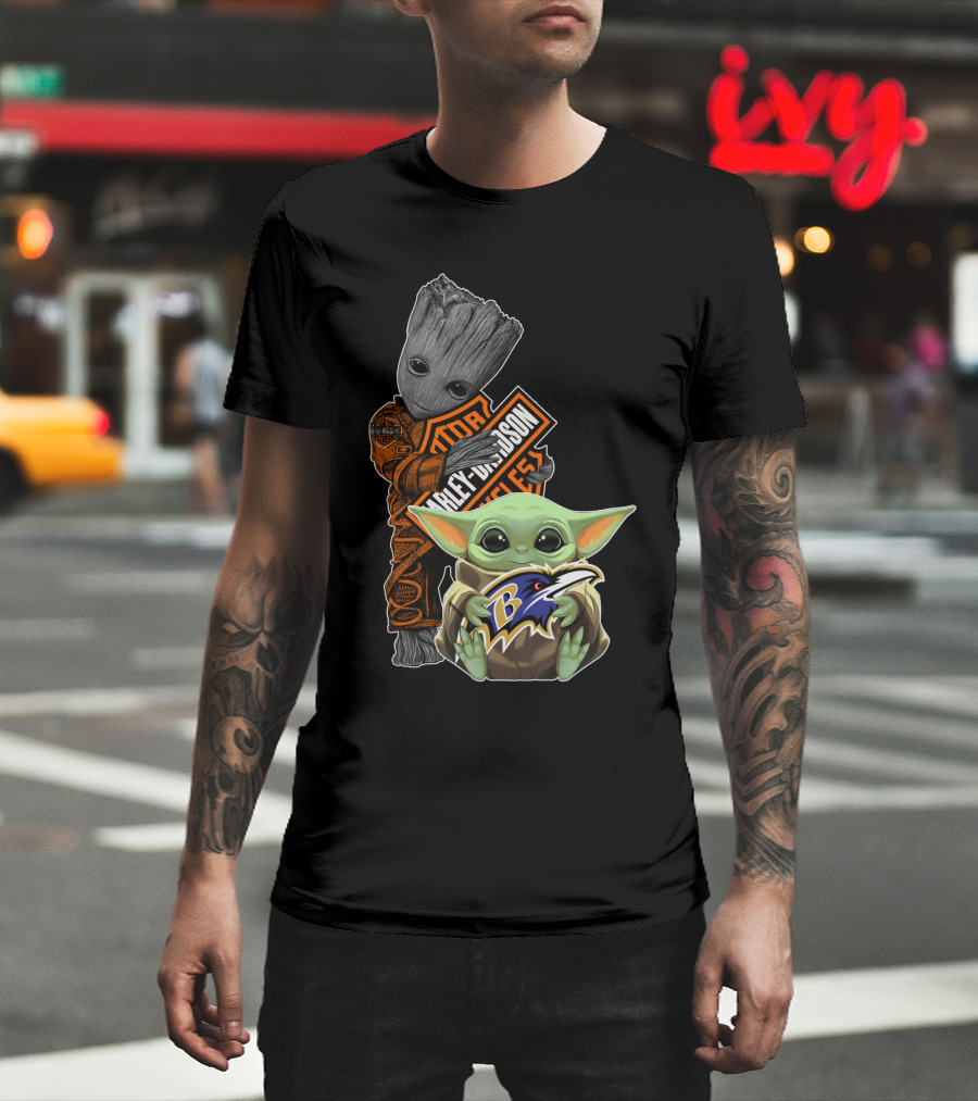 Harley Davidson Groot And Baltimore Ravens Baby Yoda T-Shirt
