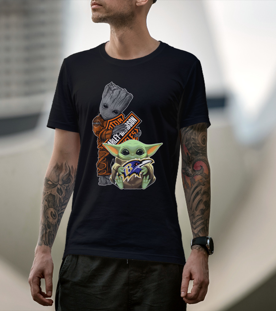Harley Davidson Groot And Baltimore Ravens Baby Yoda T-Shirt