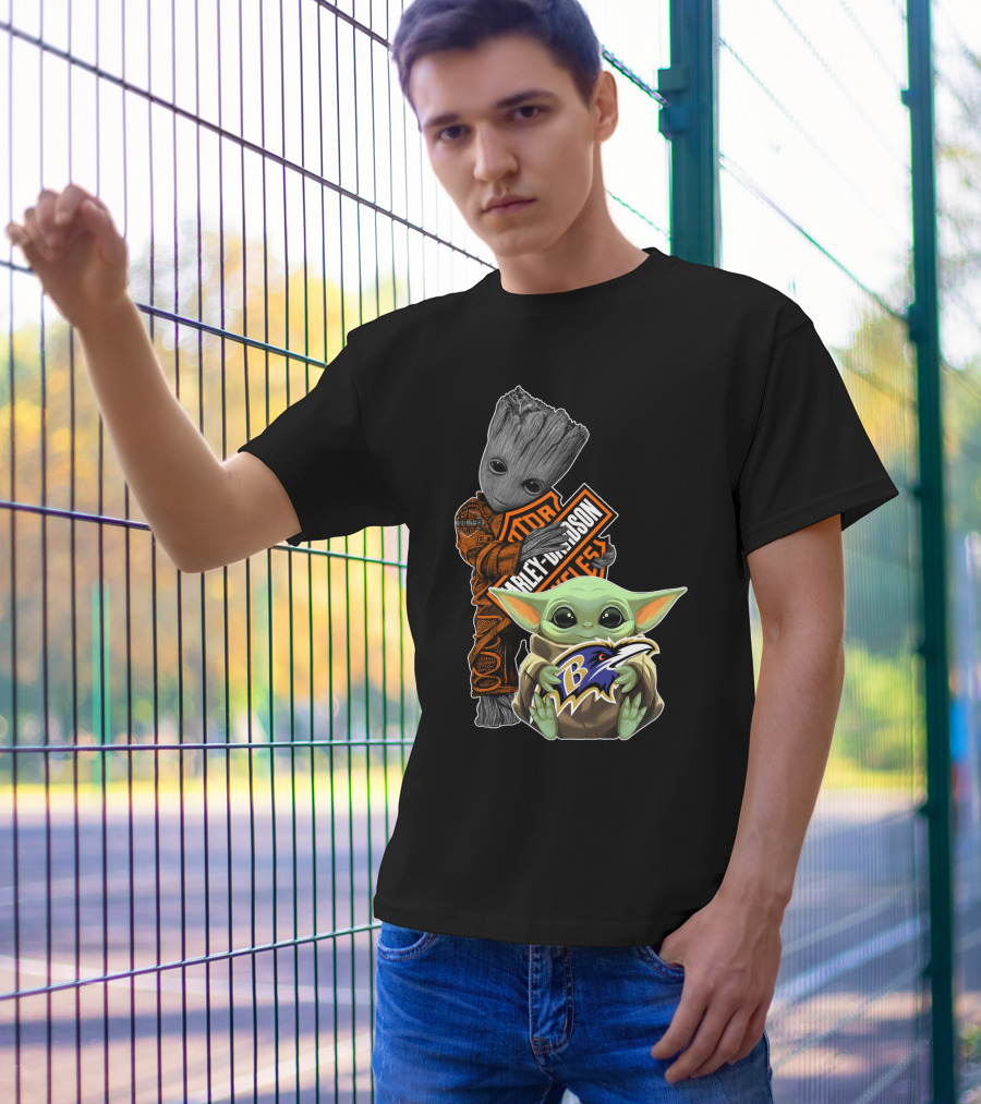Harley Davidson Groot And Baltimore Ravens Baby Yoda T-Shirt