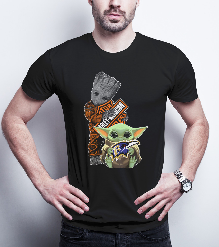 Harley Davidson Groot And Baltimore Ravens Baby Yoda T-Shirt