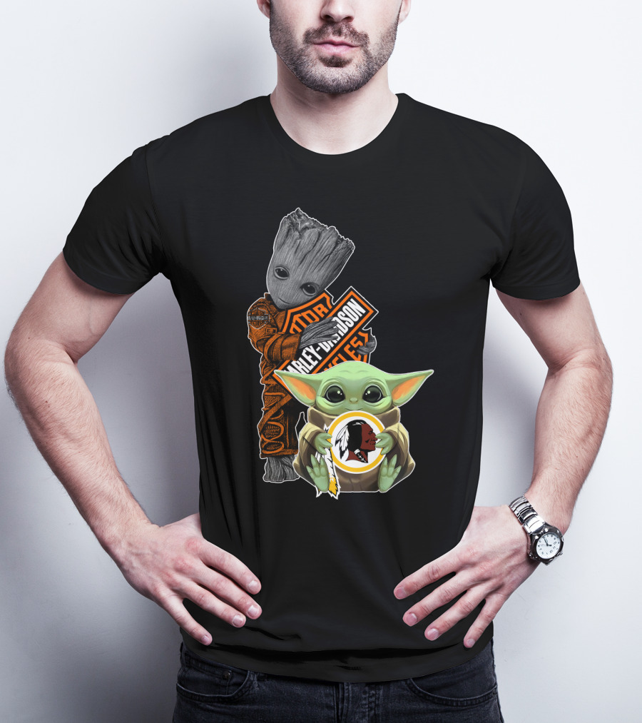 Groot Holding Harley Davidson Logo With Baby Yoda And Washington Redskins Symbol T-Shirt