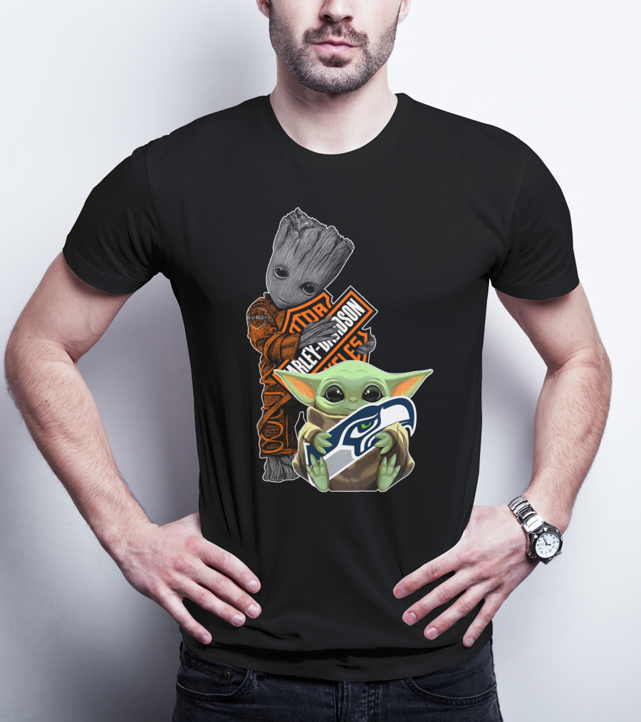Groot Harley Davidson Seattle Seahawks Baby Yoda T-Shirt