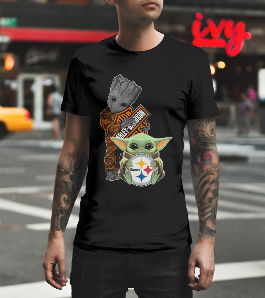 Baby Yoda And Groot Harley Davidson Steelers Crossover T-Shirt