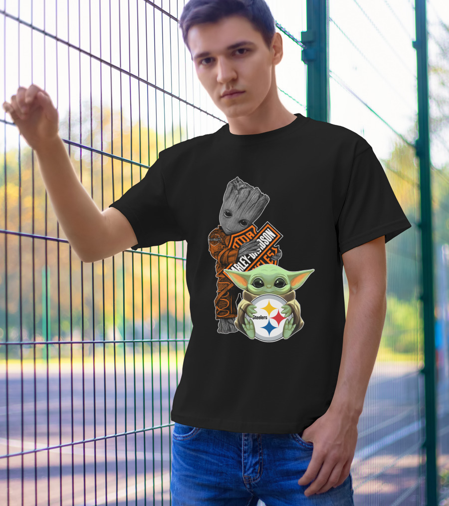 Baby Yoda And Groot Harley Davidson Steelers Crossover T-Shirt
